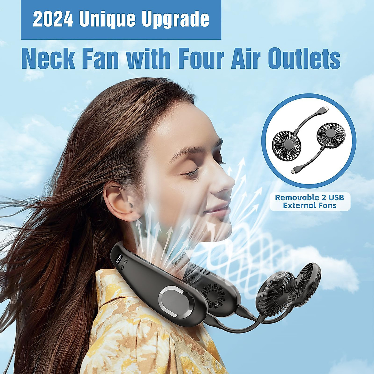 TFNN Portable Neck Fan, 9000mAh Hand Free Neck Fan, Neck Fan Air Conditioner, Bladeless Cooling Personal Neck Fan with 4 Air Outlet 3 speed for Travel, Camping, Yard Work, White