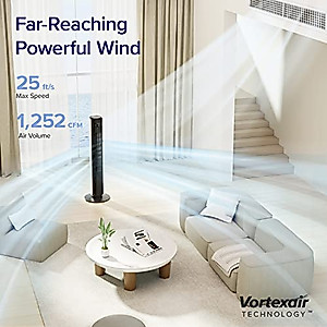 LEVOIT Tower Fan, Oscillating Quiet 42 Inch Fan 25ft/s Velocity 25dB With DC Motor, 12 Speeds Bladeless with Remote Blows Cold Air, 4 Modes, 12H Timer, Standing Fan for Home, White, 9.21D*8.62W*43.9H