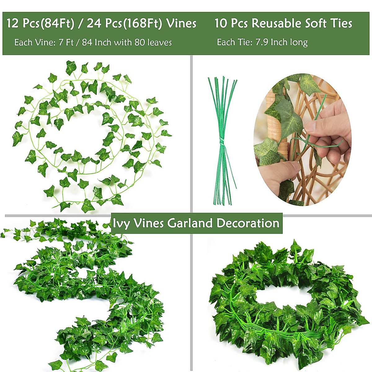 Naidiler 84 Ft 12 Strands Fake Ivy Leaves Artificial Ivy Garland Greenery Decor Faux Green Hanging Plant Vine for Wall Party Wedding Room Home Kitchen Indoor & Outdoor Decoration
