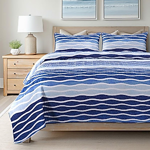 SLPR Blue Wave 2-Piece Quilt Set - Twin Size with 1 Sham, Coastal Beach House Bedding with Nautical Wave Design for Kids, Summer Ocean Waves Quilted Bedspread in Beachy Theme