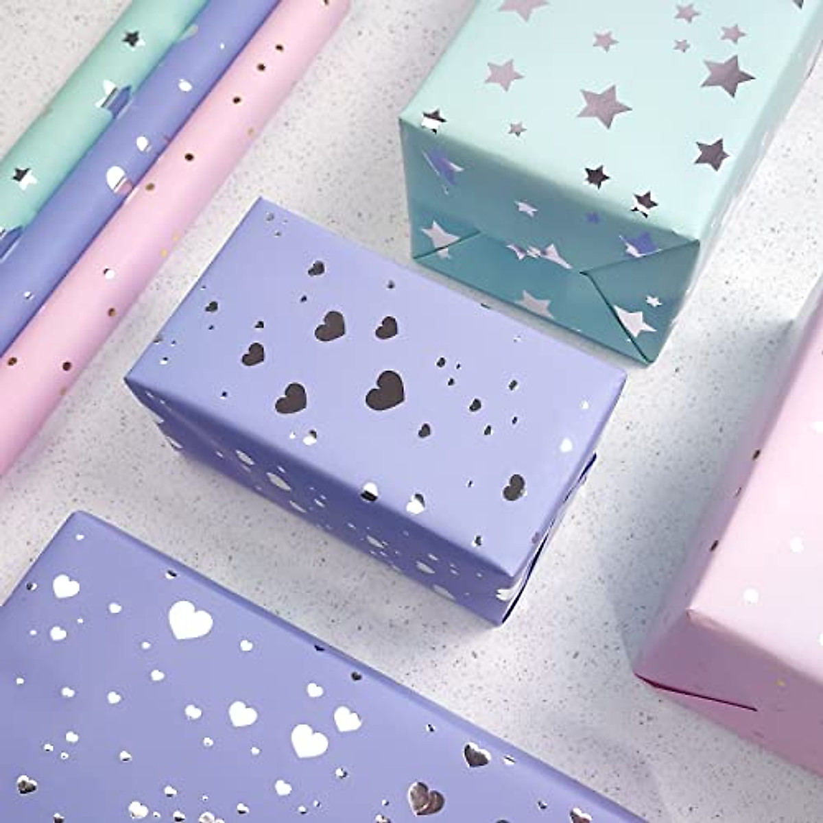 LDGOOAEL Mini Short Small Wrapping Paper Roll with Cut Lines on Reverse (17" X 120" Per Roll) - Light Purple/Pink/Blue with Gold/Silver Foil for Birthday, Wedding, Baby Shower,Bridal Showers