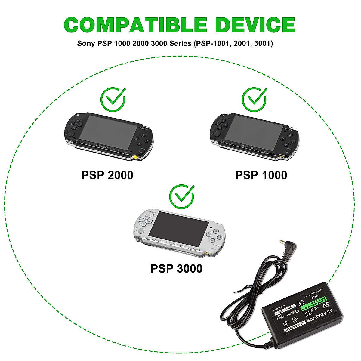 PSP Charger Bundle, 1 Pack Charger and 2 Pack Charging Cable Compatible with Sony PSP-110 PSP-1001 PSP 1000 / PSP Slim & Lite 2000 / PSP 3000 Replacement