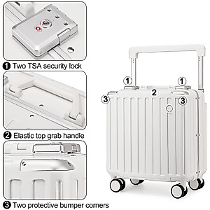 Somago Aluminum Frame 18" Carry On Luggage Wide Handle Suitcase Built-In Double TSA Lock Hardside Lightweight PC Travel Suitcase with Spinner Wheels, White
