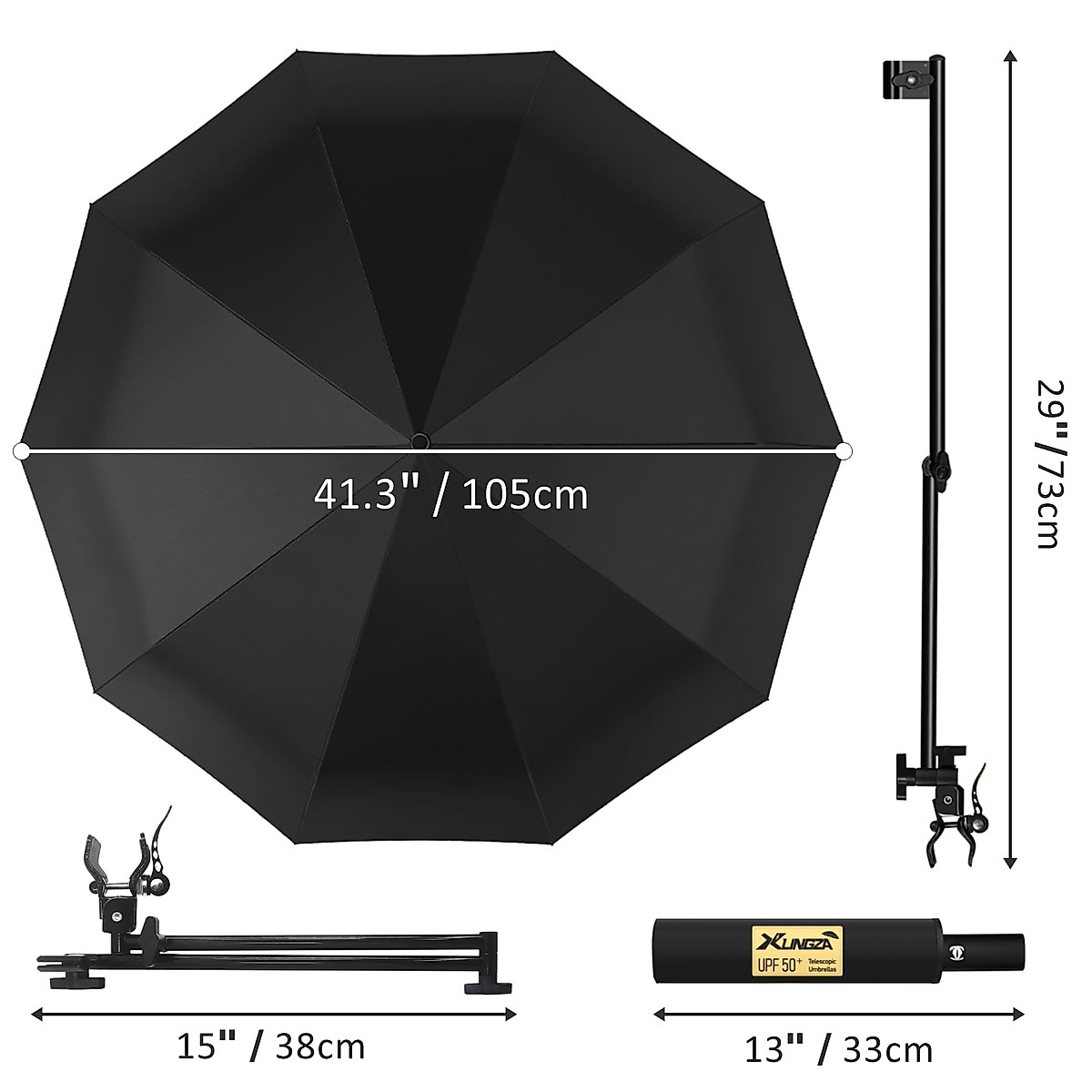UPF 50+ Beach Umbrella with Adjustable Universal Clamp