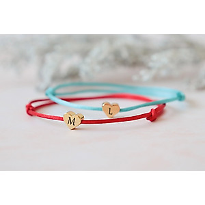 MIA·MIA Custom heart initial thread string bracelet, cotton cord tiny charm adjustable band for his and her, soul sisters, pinky promise, distance matching gifts for couples & best friends
