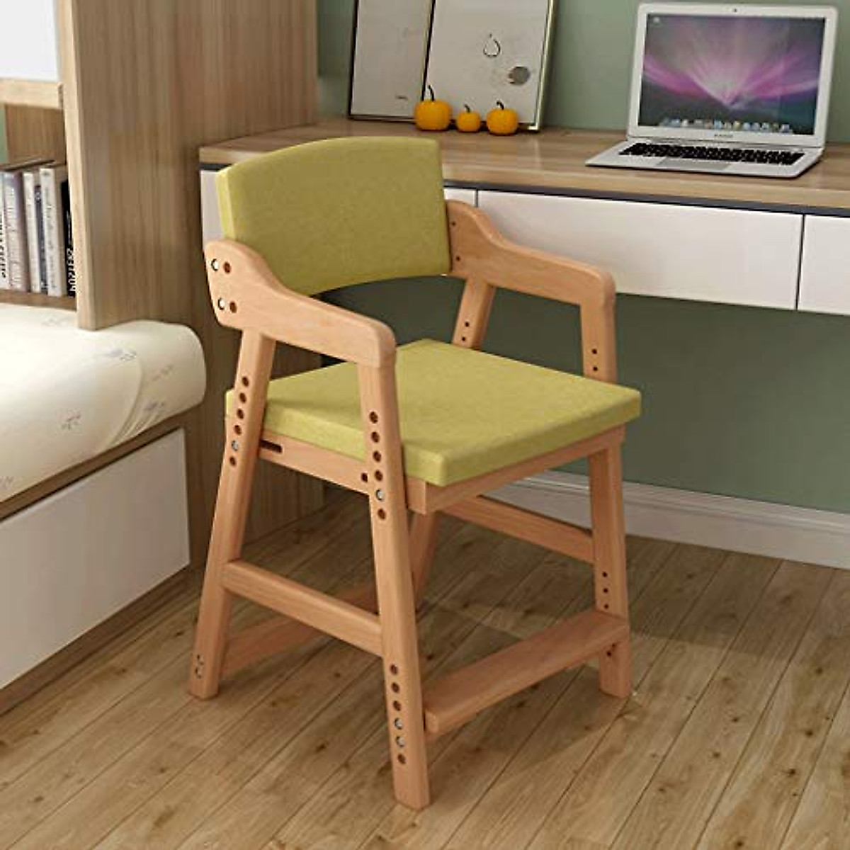 XFENG Adjustable Wood Chairs Liftable Study Chair for Kids with Arm Rest, Dining Side Chairs for Tables, Student Study Work Lift Ergonomic Posture Computer Washable Dining Desk Chair (Color : Green)