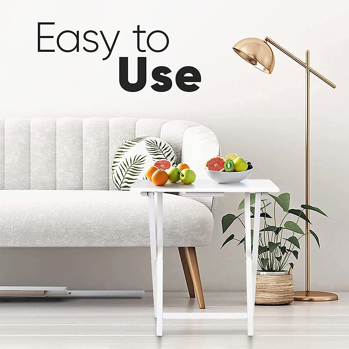 PJ Wood Lightweight Rectangle Solid Wood Construction Multifunctional Folding Table Tray with Compact Storage Rack, White, 2 Piece Set