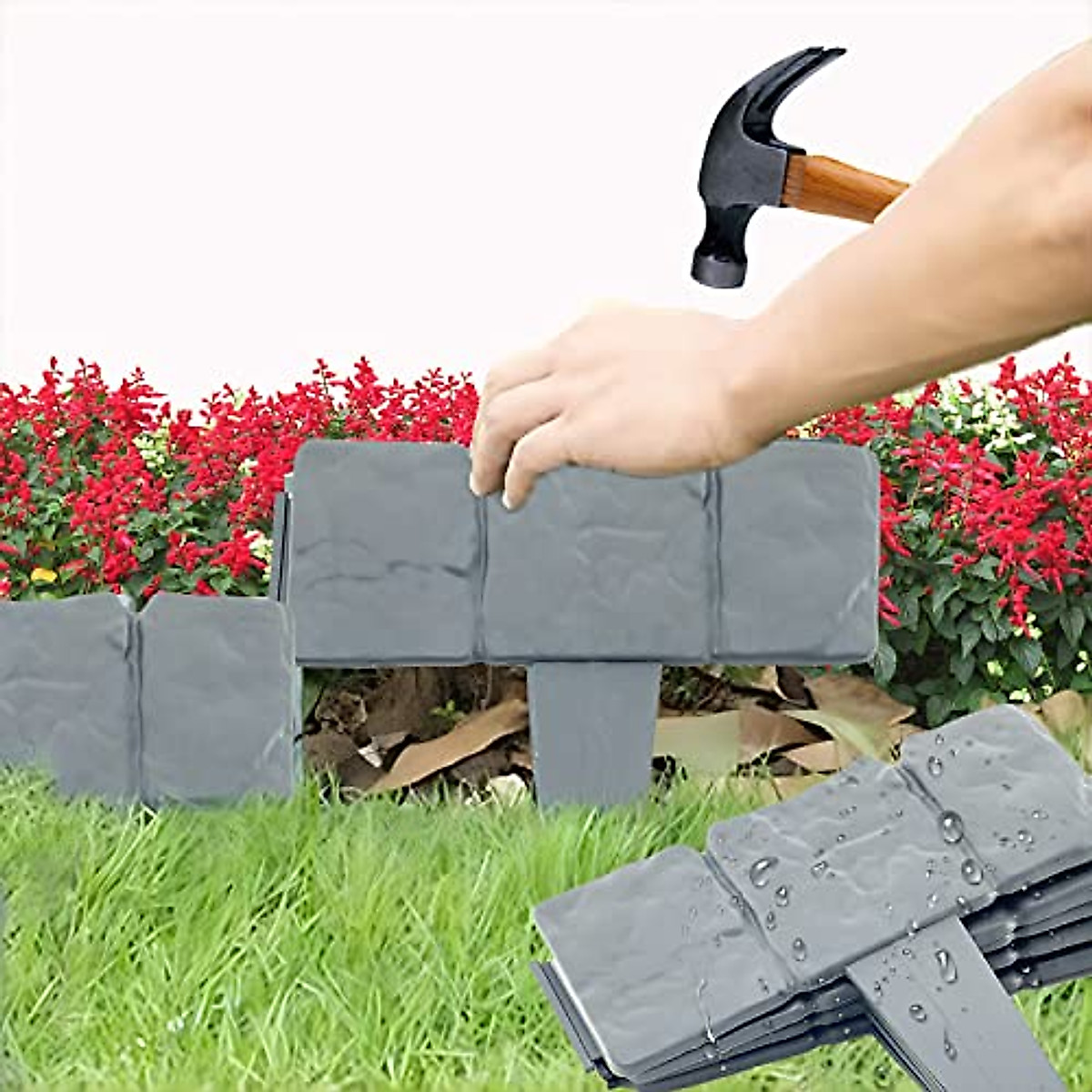 Garden Landscape Edging Border No Dig,Flower Bed Edging,DIY Plastic Fencing Lawn Border,Imitation Stone Effect Garden Borders for Garden, Lawn, Walkway and Landscape Edging (24.6 FT)