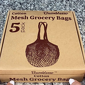 BUONVEZZO 5 Pack Reusable Grocery Bags - 100% Cotton Mesh Produce Bags with Long Handle, Washable Kitchen String Shopping Netted Tote Bag for Fruits and Vegetables