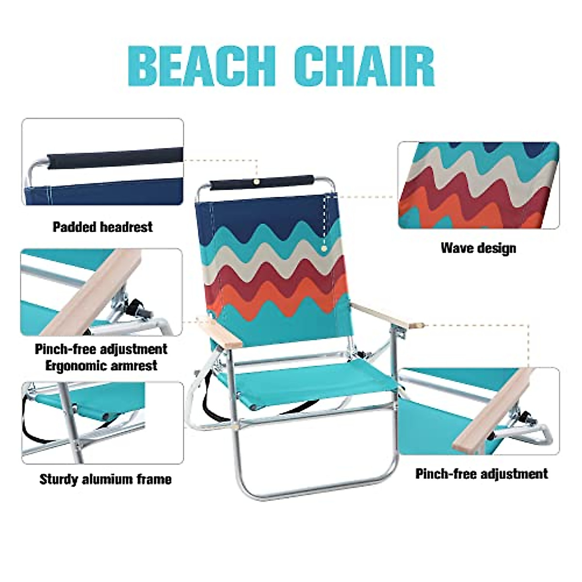 GREEN PARTY Beach Chair 2 Pack Aluminum Lightweight Folding Reclining Beach Chair with 3 Positions, Cooler Bag, and Wooden Armrest for Outdoor Camping Lawn, Support 250LBS, Blue