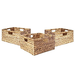 BARIEN 14.5” x 13.5” x 8” (Set of 3) Natural Water Hyacinth Storage Baskets, Rectangular Wicker Basket with Built-in Handles, Large (Natural - Set of 3)