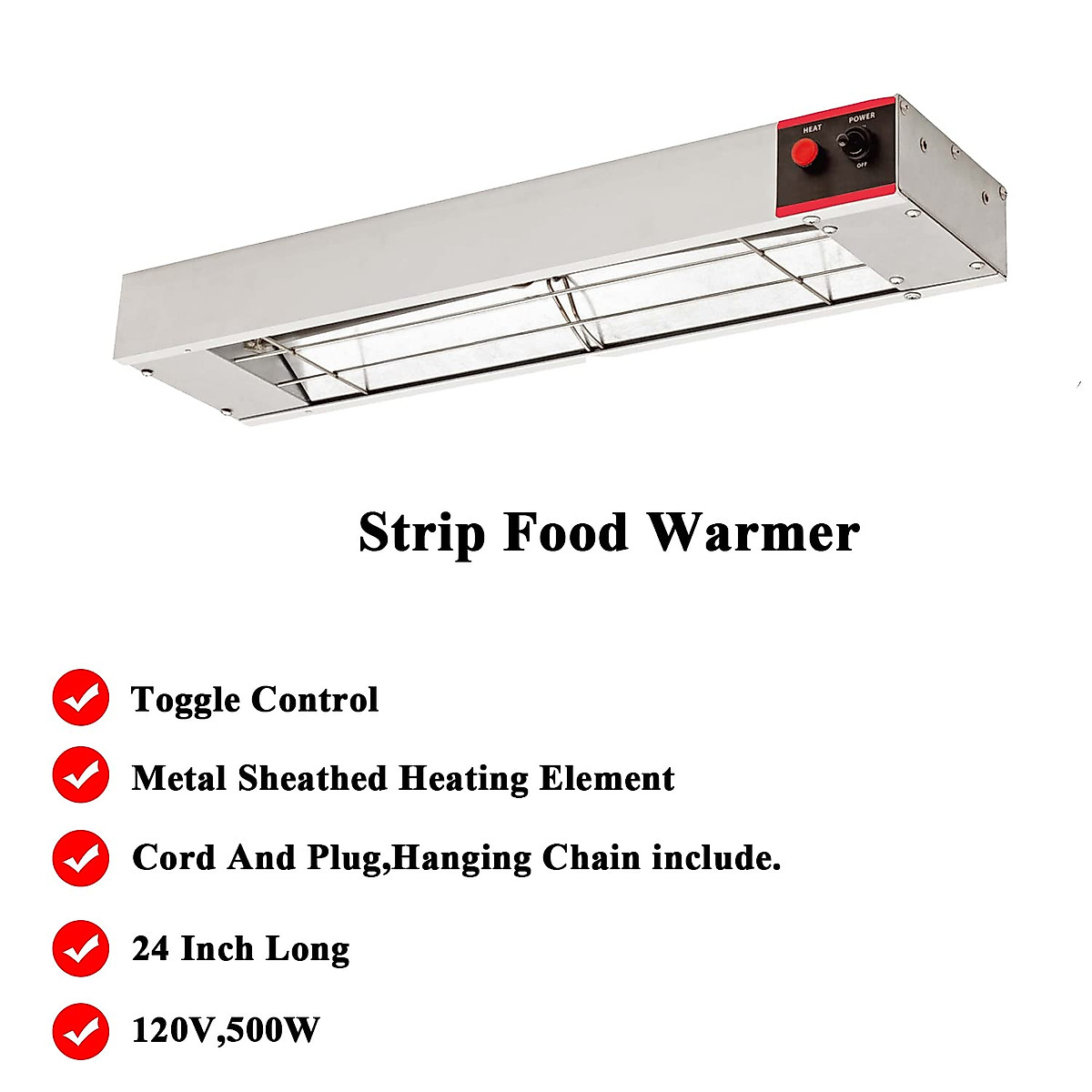 KOUDA 24'' Food Heat Lamp Overhead Food Warmer Commercial Infrared Strip Heater with Cord & Plug,120V,500 Watts (24 Inch), Silver