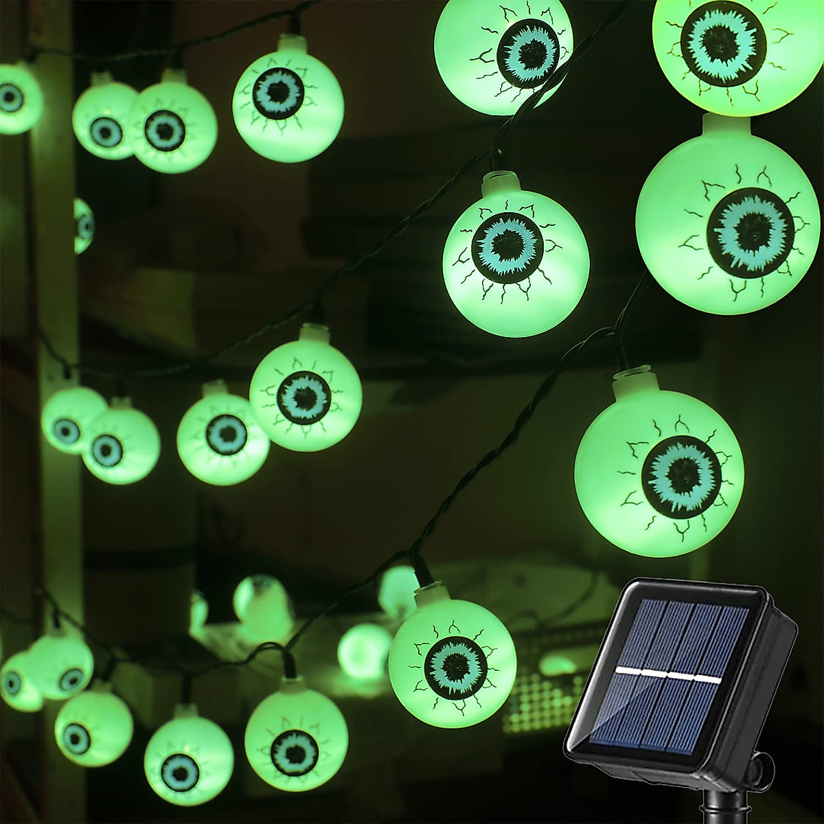 Halloween Decorations Solar Eyeball String Lights Outdoor, Solar Halloween Lights with 30 LED Scary Green Eyeballs, Waterproof Solar Halloween String Lights for Garden Tree Patio Yard Party Decor