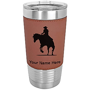 LaserGram 20oz Vacuum Insulated Tumbler Mug, Cowgirl Riding Horse, Personalized Engraving Included (Faux Leather, Dark Brown)