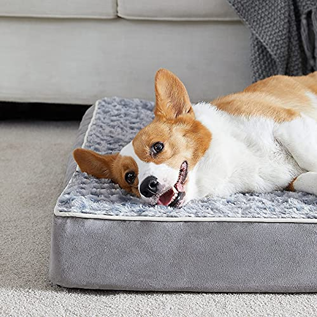 WNPETHOME Orthopedic Large Dog Bed, Dogs Bed for Large Dogs with Egg Foam Crate Pet Bed with Soft Rose Plush Waterproof Dog Bed Cover Washable Removable（Dog Bed Large 36 x 27 x 3 inch Grey）