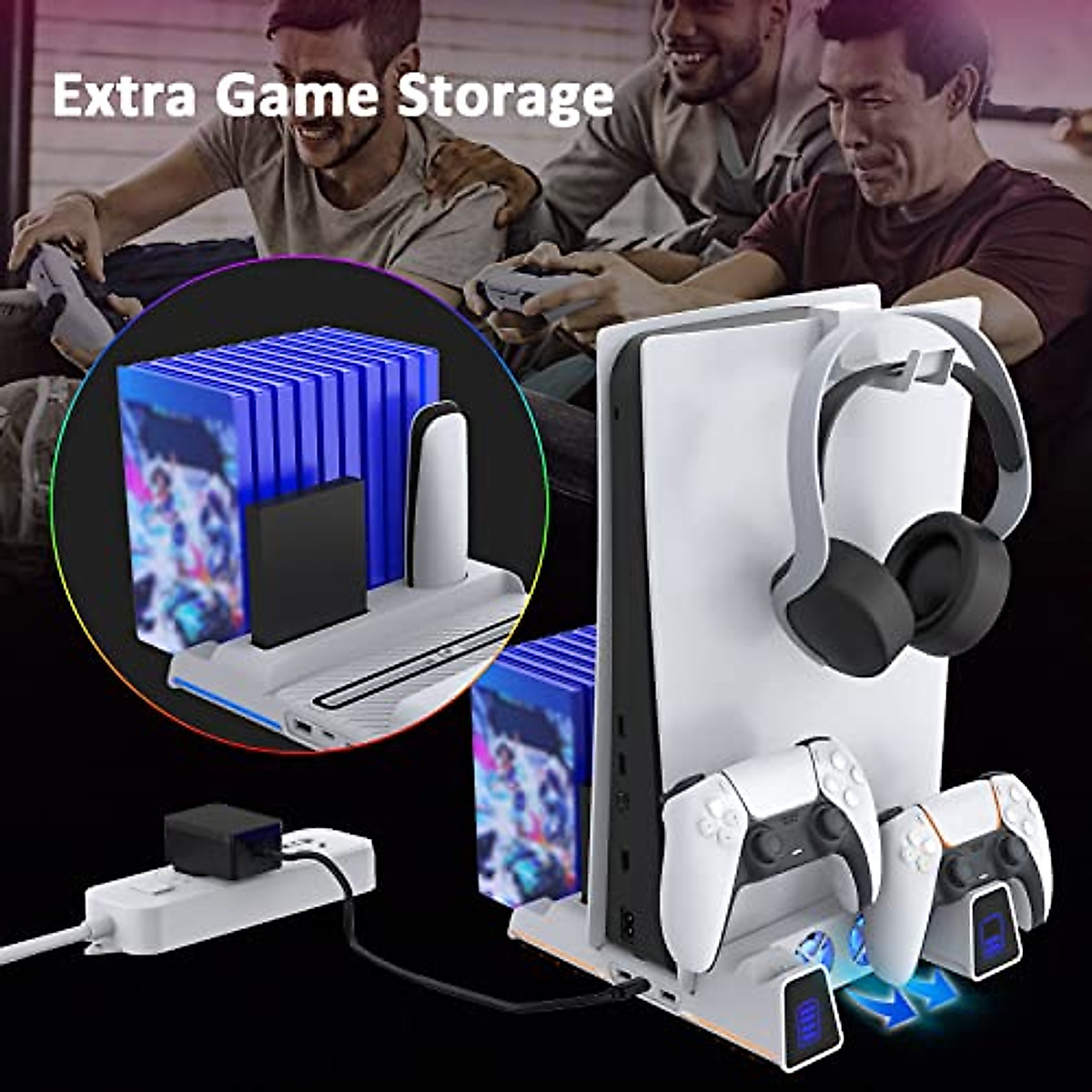 NexiGo PS5 Slient Cooling Stand with RGB LED Light, Dual Charging Station Compatible with DualSense Edge Controller, Hard Drive Slot, Headset and Remote Holders, 10 Game Slots, White