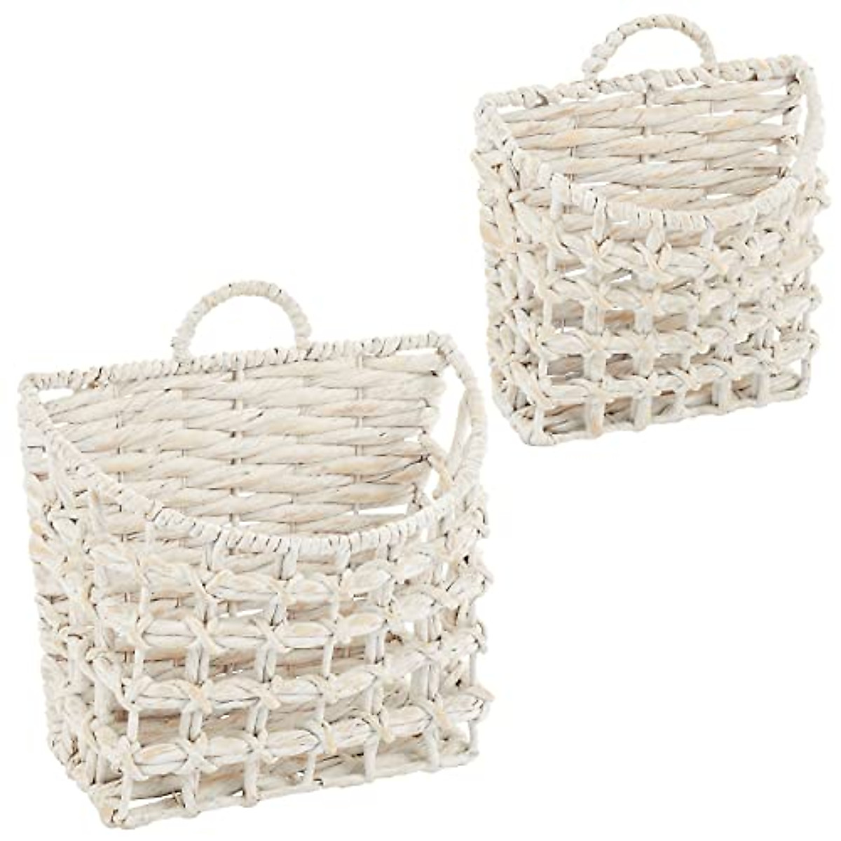 mDesign Woven Hyacinth Hanging Wall Mount Storage Organizer Basket - Rustic Hangable Mounted Market Baskets for Kitchen, Bathroom, Shelf - Holds Floral, Food, and Mail - Set of 2 - White Wash