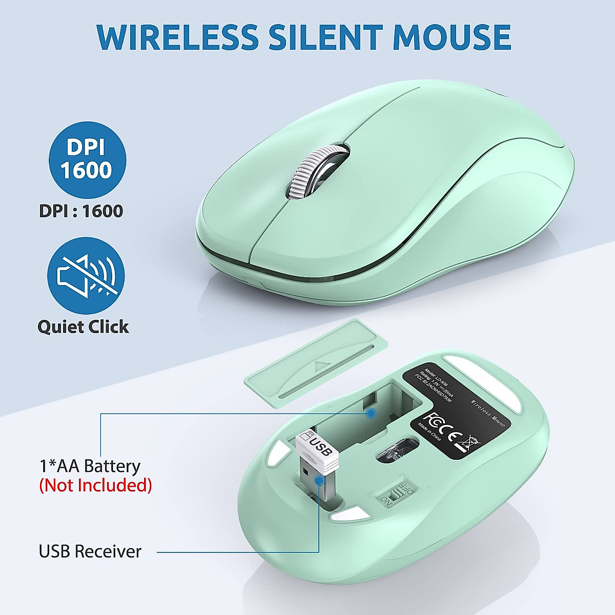 Wireless Keyboard and Mouse, 2.4GHz Ergonomic Compact Quiet Full-Size Computer Keyboard Cordless Mouse Combo with Nano USB Receiver for Windows, Laptop, PC, Notebook (Mint Green)