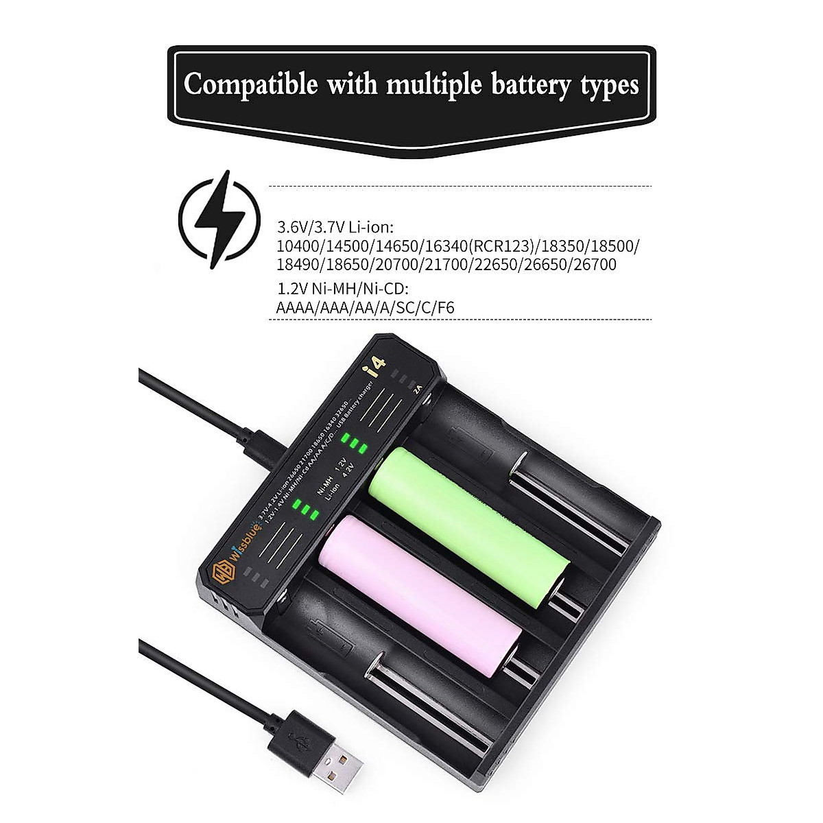 WISSBLUE 18650 Battery Charger 4port, 3.7v/1.2v 2A Fast Charger for 26650 18650 18490 18350 17670 17500 16340 14500 Li-Ion Batteries, RCR123A, Ni-MH Ni-Cd A AA AAA