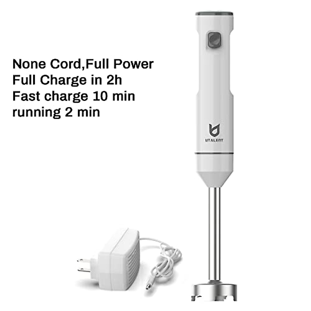 Cordless Hand Blender, UTALENT Variable Speed Immersion Blender handheld Rechargeable, with Fast Charger, Egg Whisk, for Smoothies, Milkshakes, Hummus and Soups – White