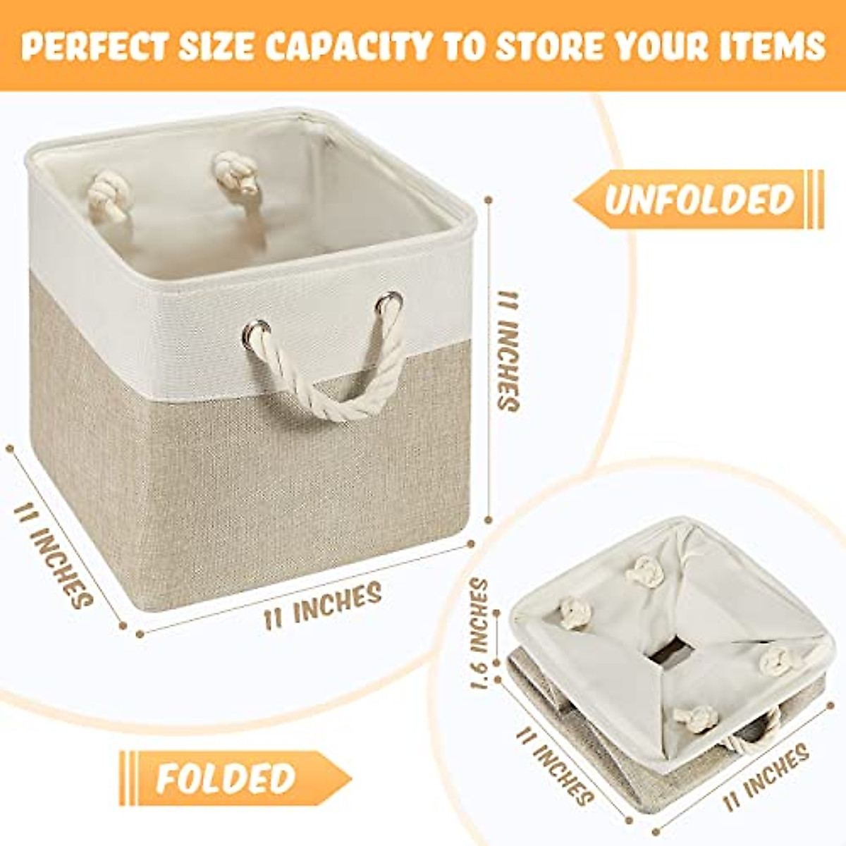 6 Pieces Cube Storage Bins Small Foldable Storage Cube Baskets with Sturdy Carry Handles Multipurpose Storage Cube Baskets Organizer Bin for Home, Office, Nursery (White, Light Brown,11 x 11 Inch)