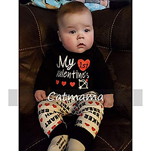 Catmama 3PCS Baby Boys Girls My First Valentine's Long Sleeve Heart Breaker Pants with Hat (Black-Long Sleeve, 6-12 Months)