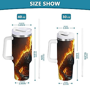 Jihqo Fire Skull Playing Guitar 40 oz Stainless Steel Vacuum Insulated Tumbler with Handle and Straw Lid, Leakproof Water Bottle Double Wall Travel Mug Coffee Cup, Cupholder Friendly