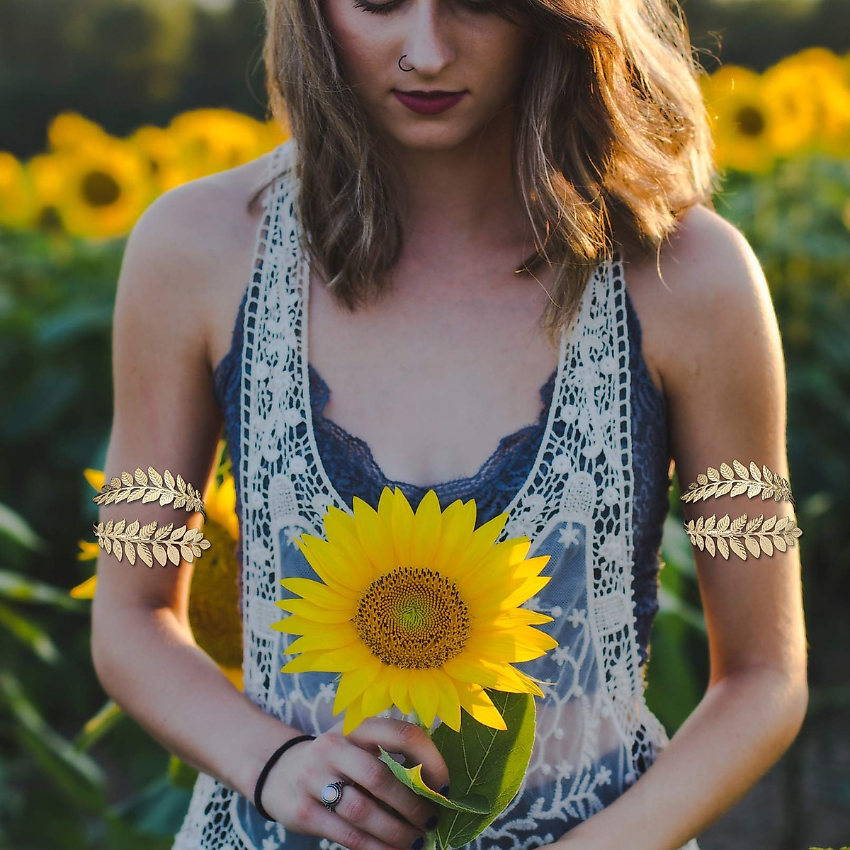 RechicGu Gold 2 Pieces Wedding Arm Bracelet Christmas Tree Leaf Cuff Bangle Band Upper Open Armlet Armband Adjustable Set Jewelry Minimalist Festival Dancer