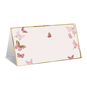 Place Cards for Pink Butterfly Party, Editable Name Place Cards, Seating Place Cards for Tables, Tent Style Cards for Wedding, Bride & Baby Shower, Easy Folding, Pack of 25 Escort Cards(B06)