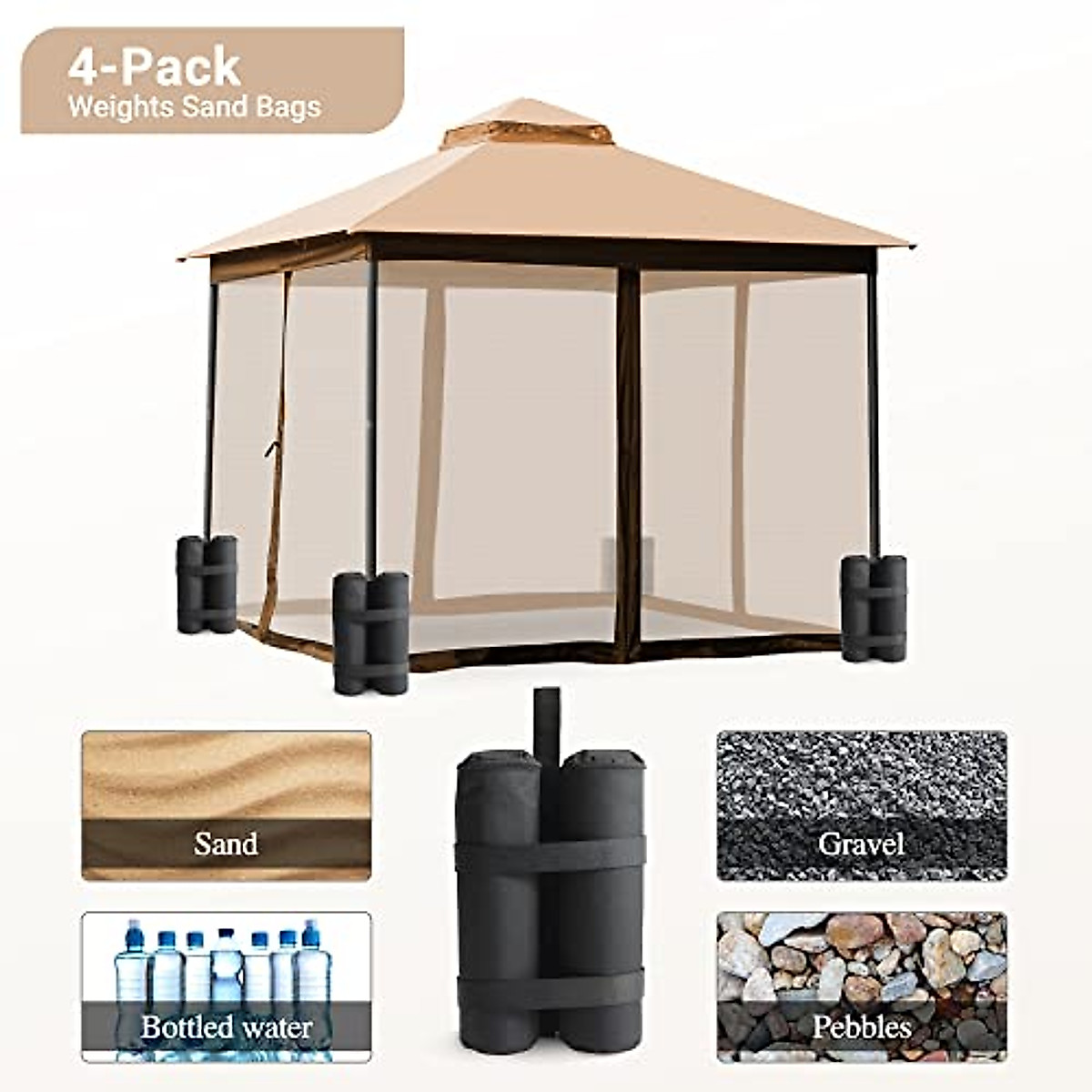 CHARMELEON Gazebo 10x10, Outdoor Gazebo with 4 Sandbags, Double Vented Roof Gazebo with Screen Netting Walls, Waterproof Patio Canopy for Deck, Party & Backyard (Khaki)