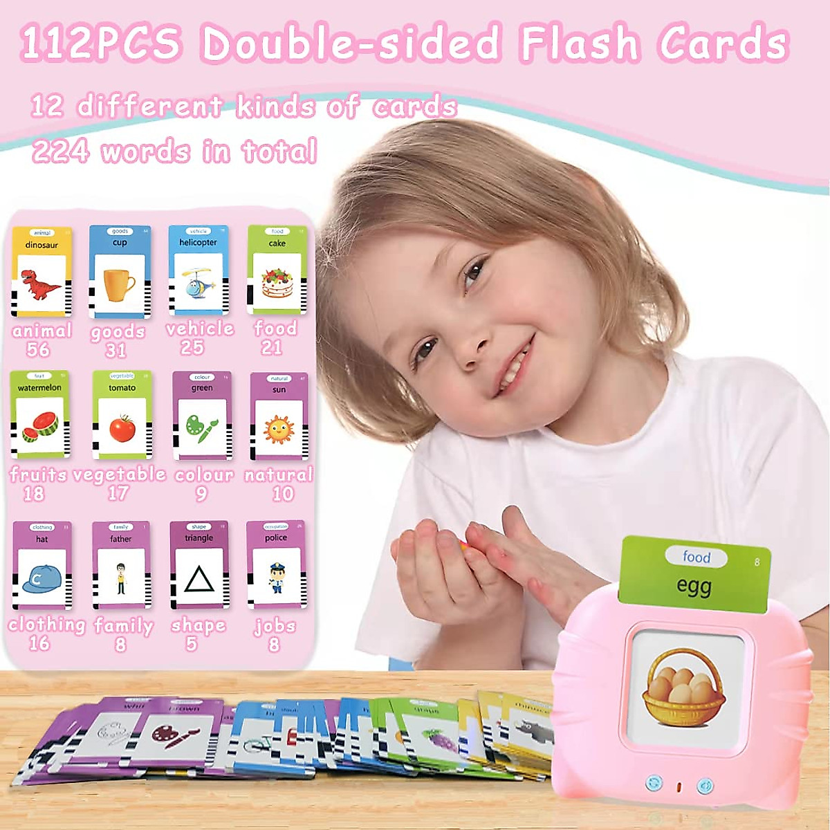 Talking Flash Cards Learning Toys for Toddlers Ages 2 3 4 5 6 Year Old Boys Girls Speech Therapy Toy Autism Toys Educational Preschool Toy Baby Flashcard 224 Sight Words Birthday Gift for Kids (Pink)
