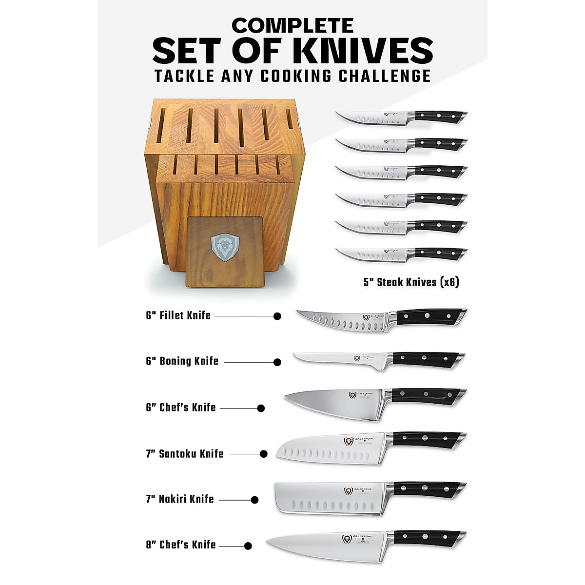 Dalstrong 12-Piece Knife Block Set - Gladiator Series Elite - Black Handles - German HC Steel - Hand-Made Manchurian Ash Wood Block - NSF Certified