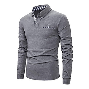 Floerns Men's Causal Long Sleeve Plaid Collared Button Front Golf Polo T Shirt Grey M