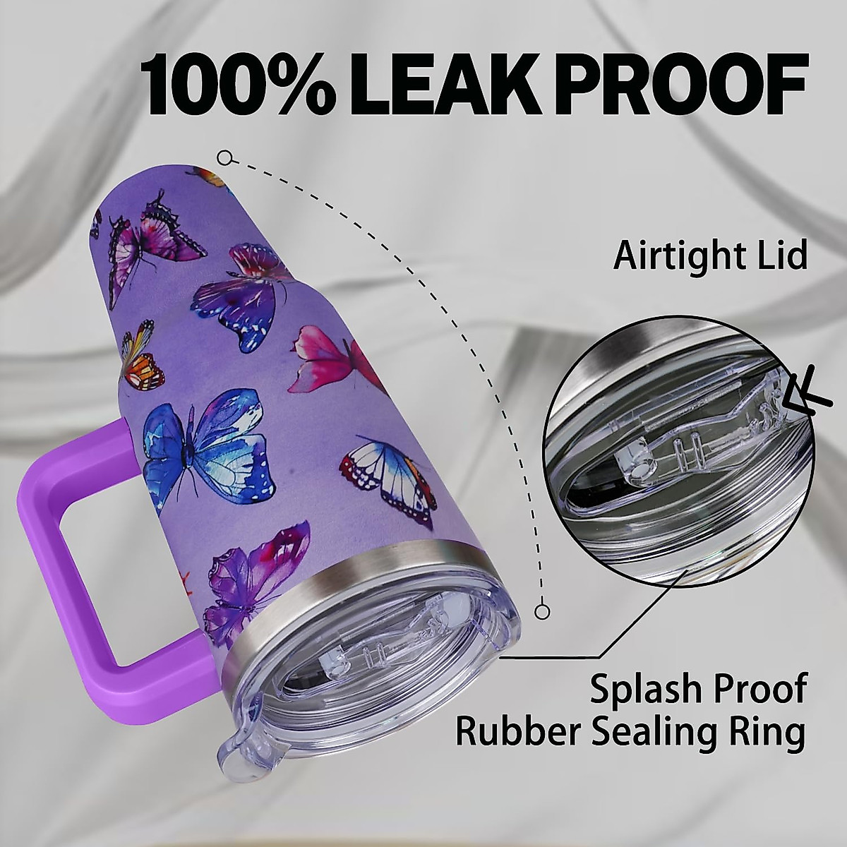 ZNYYZYBA 40 oz Tumbler with Handle and Straw, 40oz Butterfly Tumbler with Leak Proof Lid, Reusable Stainless Steel Insulated Travel Coffee Mug, Butterfly Gifts for Women