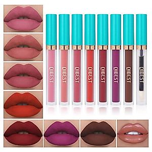 QiBest 7 Matte Liquid Lipstick with 1 Lip Plumber Gloss Makeup Set Long Lasting High Pigmented Velvety Waterproof Nude Lipgloss Kit Make Up Gift Sets for Women Girls
