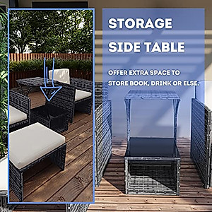 LHBcraft 6 Piece Patio Furniture Conversation Set with Ottoman, Outdoor Black&Grey Wicker Chair and Table Set with Beige Cushion, Balcony Furniture for Apartments (Black)