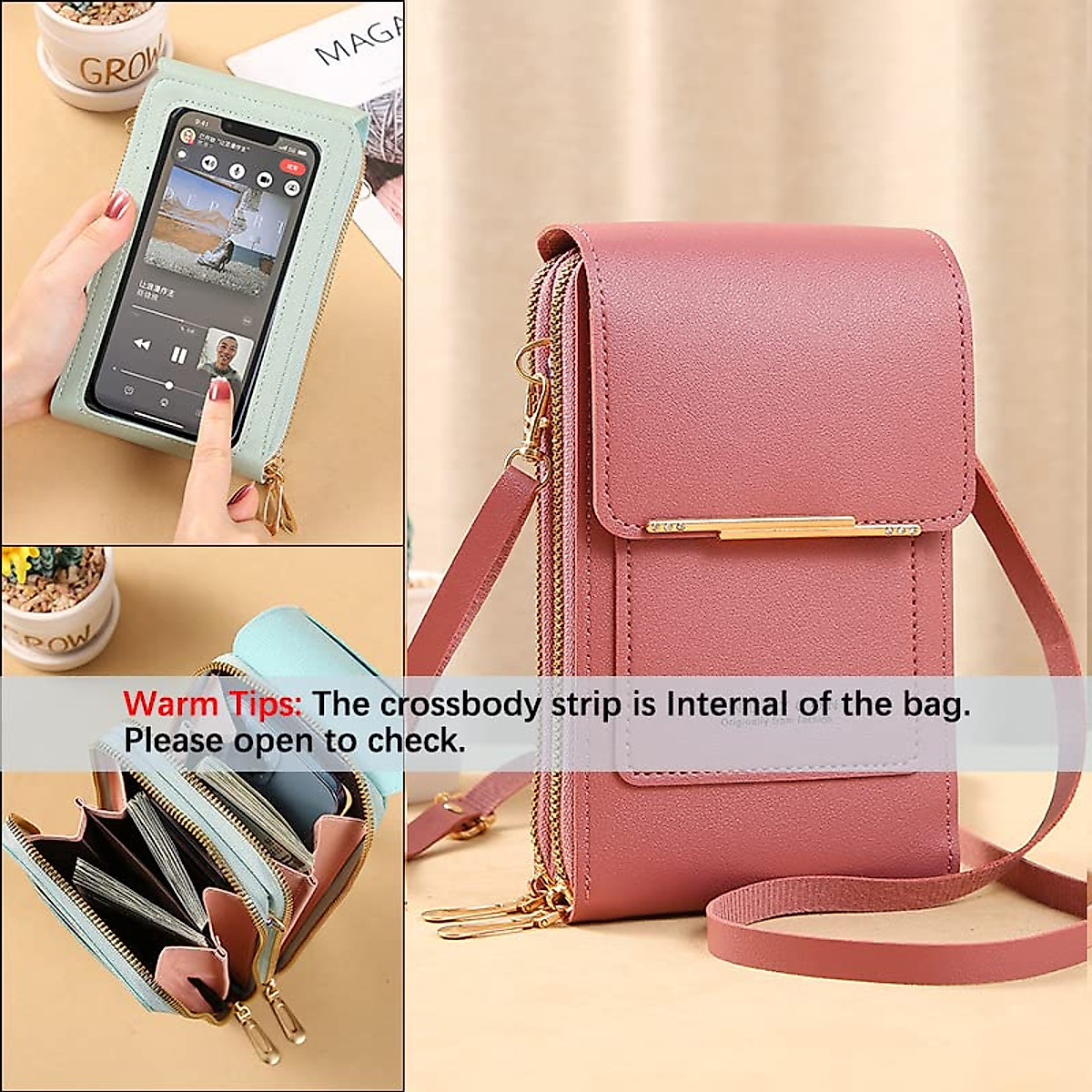 Cooking Coll Anti-Theft Leather Bag,Small Crossbody Cell Phone Purse Wallet for Women,Touchscreen with Shoulder Strap,RFID Blocking Messenger Handbag Credit Card Slots, Dark Pink