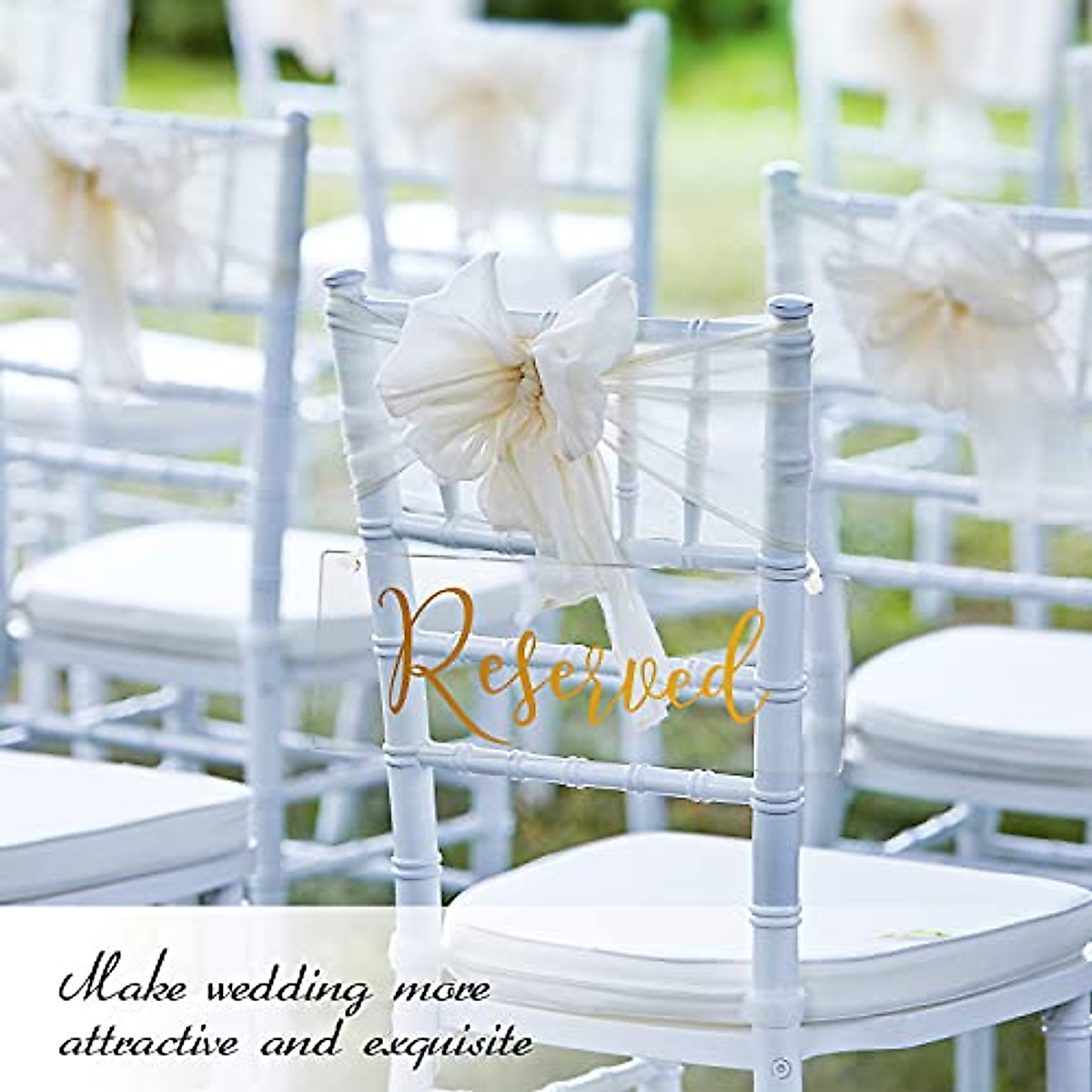 6 Pcs Reserved Signs for Wedding Chairs Reserved Chair Signs Reserved Hanging Sign Reserved Signs for Wedding Reserved Seating Signs for Chairs Acrylic Handmade Seat Signs with Ribbon(Gold)