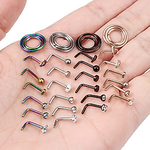 Yaalozei 20g Nose Ring for Women L Shape Nose Piercing Jewelry 20 Gauge Surgical Stainless Steel Cute Nose Rings Hoop Nose Ring Stud Nostril Nose Piercing Jewelry for Women Men Silver Rose Gold Black