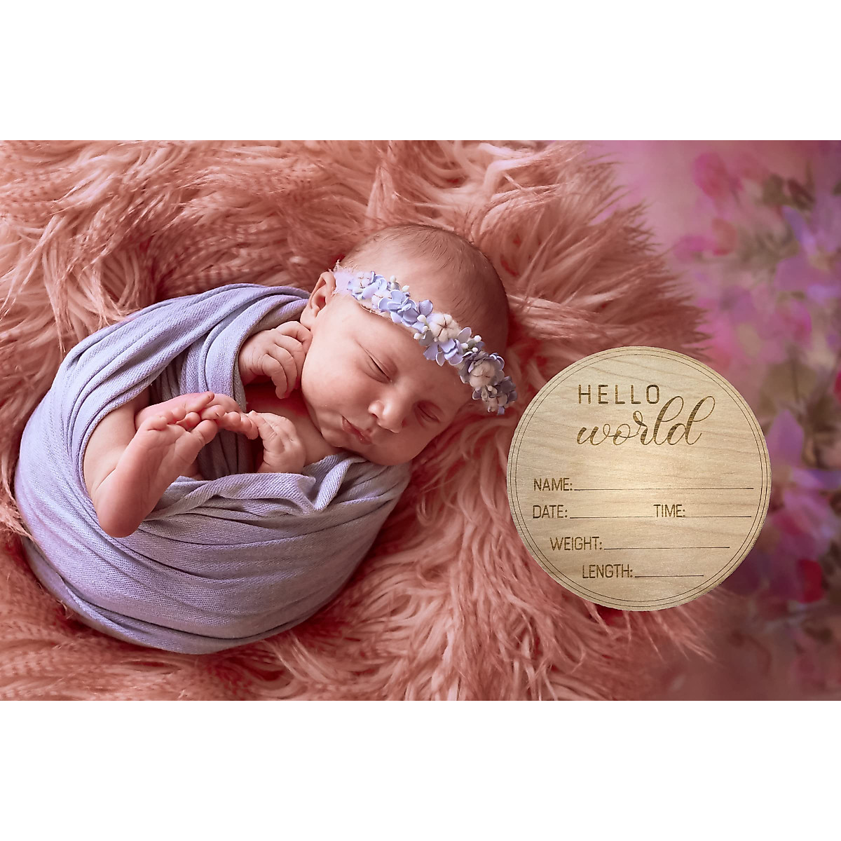 2OWLS Baby Birth Announcement Disc, Baby Birth Stat Plaque, Size 6" X 6", "Hello World" Newborn Sign. Baby Photography Prop and Keepsake. A Wooden Boho Baby Nursery.