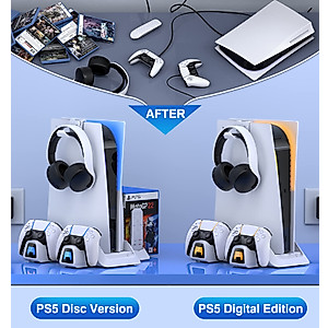PS5 Stand with Cooling Station&Dual Controller Charger for Playstation 5 PS5 Console, CYKOARMOR PS5 Accessories with 5V/3A Adapter, PS5 Base with Cooler Fan, Charging Dock and Game Holder White