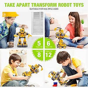Powerextra STEM Toys for 5 6 7 8 9 Years Old Boys, Take Apart Robot Toys Trucks Set with [Robot Sounds & Flashing Lights]- 5 in 1 Construction Toys for Kids at Age 8-12