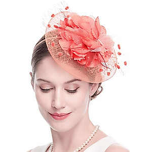 Fascinators Hats for Womens 50s Headwear with Veil Flower Cocktail Wedding Tea Party Church Derby Hat (1-4-coral)