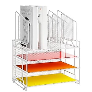Marbrasse Mesh Desk Organizer, 4-Tier Mesh Desk File Organizer with 5 Vertical File Holders, Multifunction Desktop Organizer, Desk Organizers and Accessories for Home Office School,White