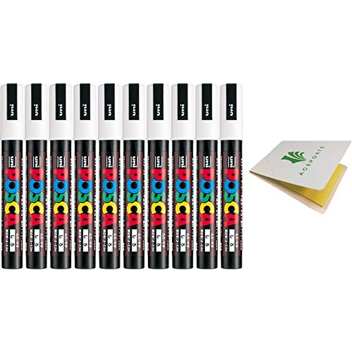 Uni POSCA Paint Marker Pen, 10 White Pen Set (PC5M.1) - Medium Point - Odorless Water Resistant Pen Maker, with Original Sticky Notes