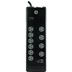 GE Surge Protector with 10 Outlets and 2 USB Ports, Twist-to-Lock, Black, 13476