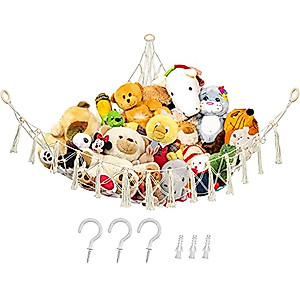 LotFancy Stuffed Animal Net or Hammock, 60"x48"x48", Large Macrame Toy Hammock, Hanging Plushie Net, Stuff Animal Storage Ideas, Corner Net Toy Holder for Kids Room Nursery Bedroom, Beige