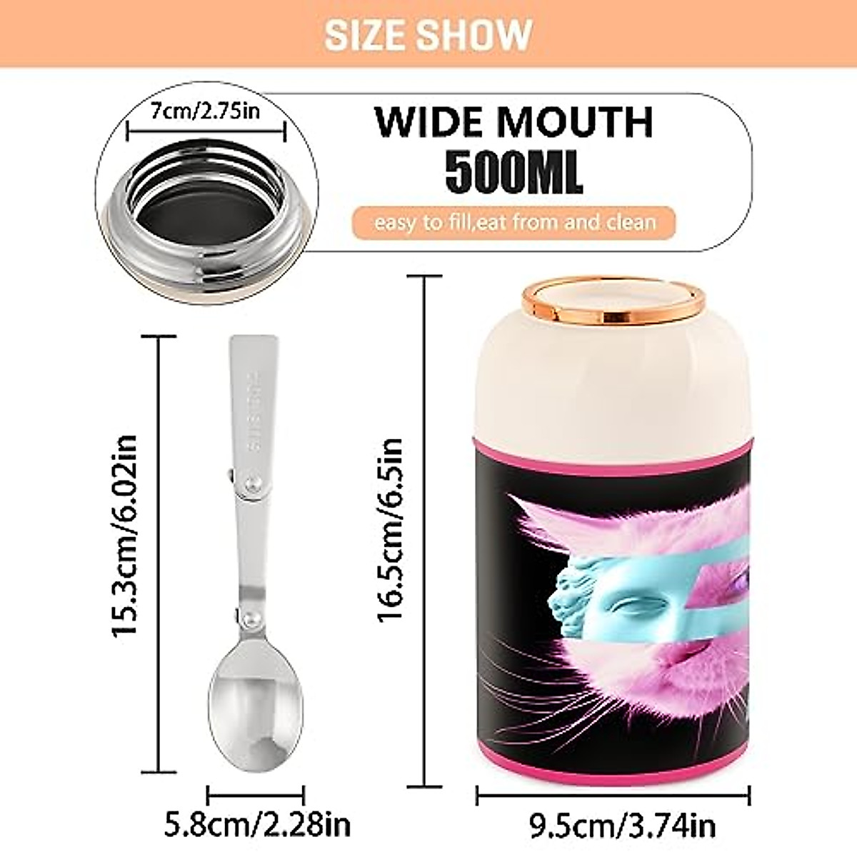 CUPADA Sculpture Cat Cool Food Jar, Art Design Insulated Hot Food Jars Vacuum 17OZ with Folding Spoon for Work Trip Picnic Camping
