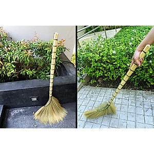Handmade Asian Thai Broom Thick Natural Grass Brush & Handle Broomstick in Vintage Viet Whisk Straw Design
