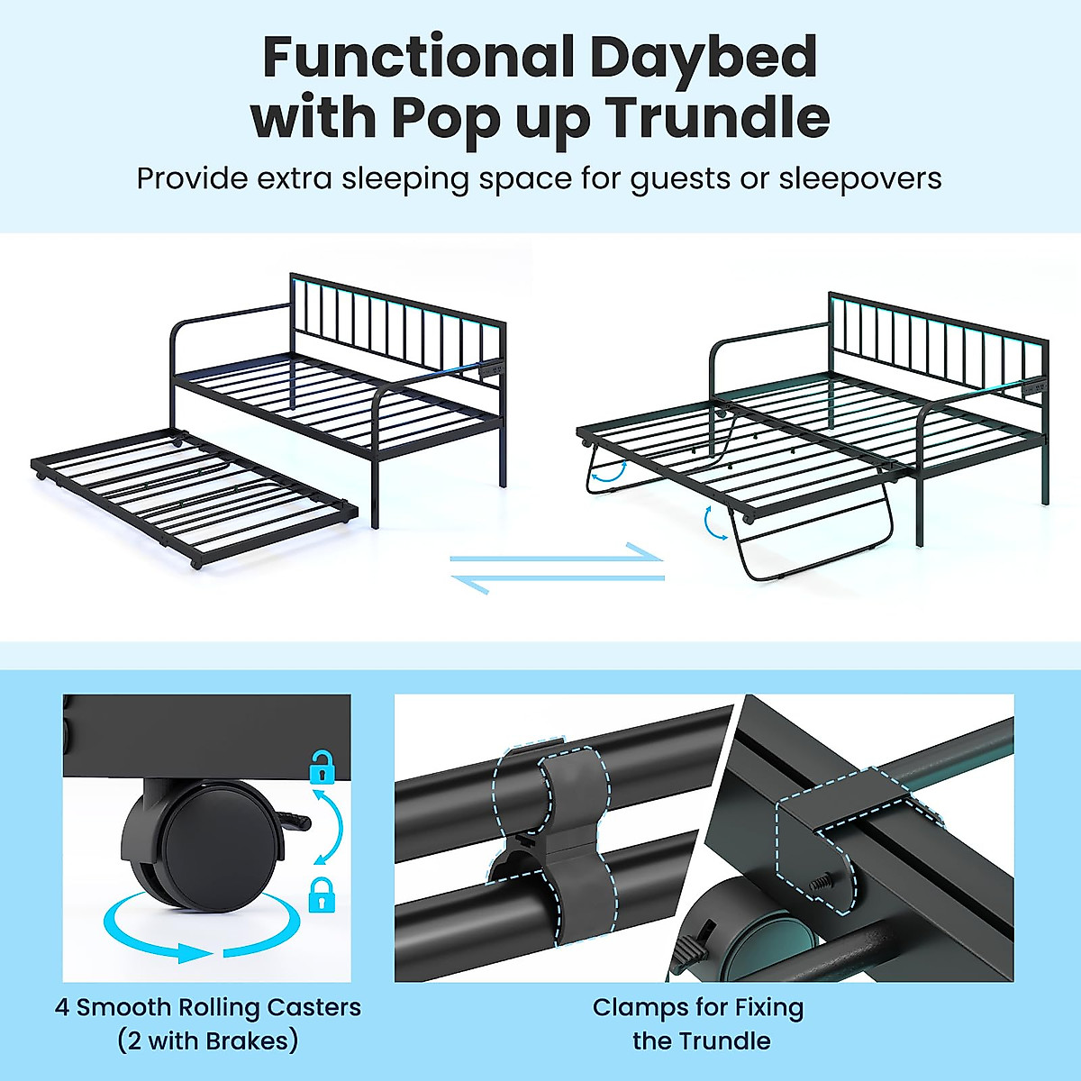 Giantex Twin Daybed with Trundle, Metal Day Bed with Charging Station & LED Lights, Sofa Bed Frame with Pop up Trundle, Metal Slats Support, Trundle Bed Twin for Living Room, Guest Room, Black